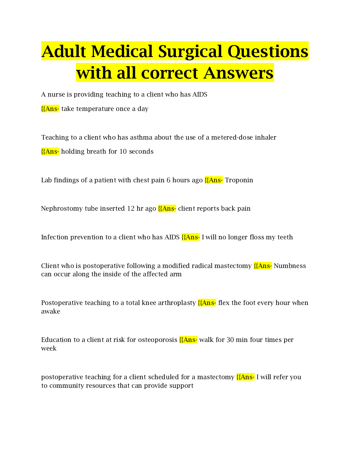 Adult Medical Surgical Questions with all correct Answers - Scholarfriends